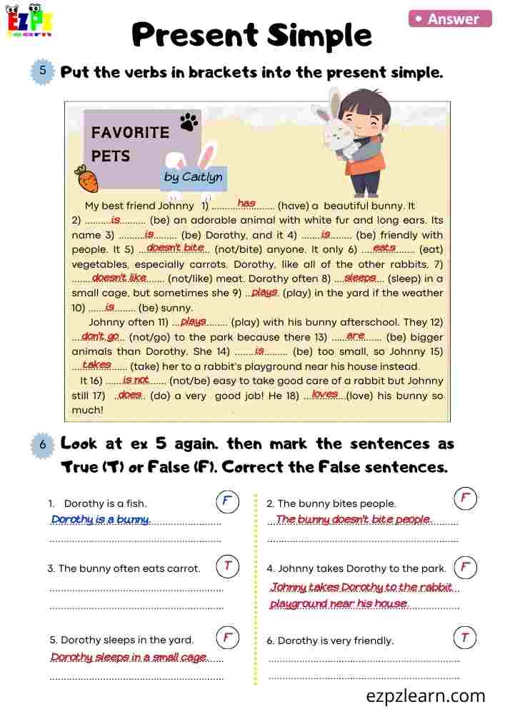 Present Simple Worksheet – Fill in the Verbs in a Dialogue About Johnny and His Bunny | True or ...